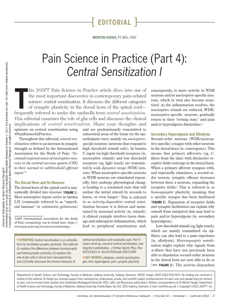 Pain Science in Practice (Part 4) - Central Sensitization I Editorial | PDF | Nervous System | Pain