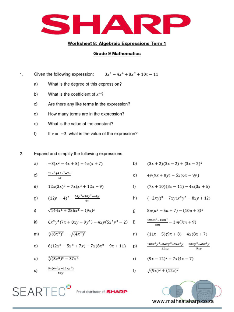 Worksheet 8 Algebraic Expressions Term 1 Grade 9 Maths | PDF ...