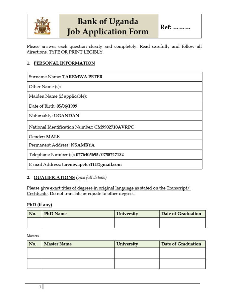 BoU Job Application Form 2024 | PDF