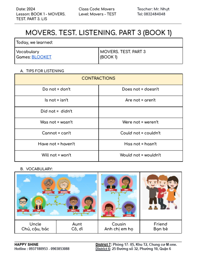 Movers Test Listening Tips 2024 | PDF | Vietnam | Cooking