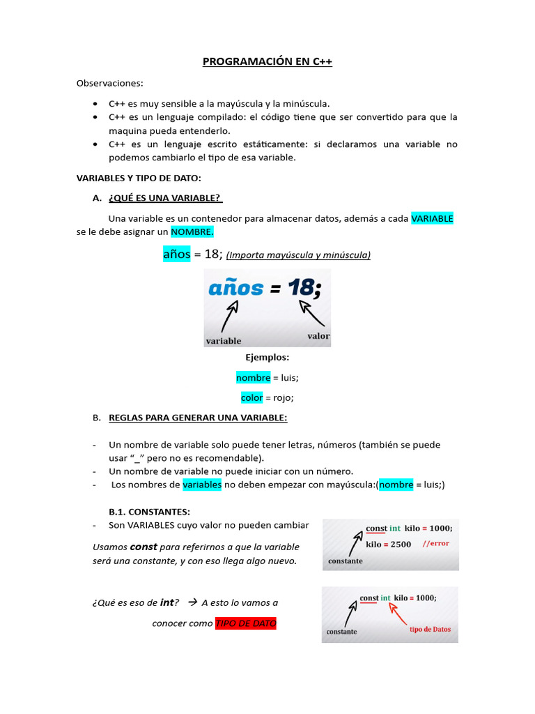 Constantes y Variables en C++ | PDF | C ++ | Lenguaje de programación