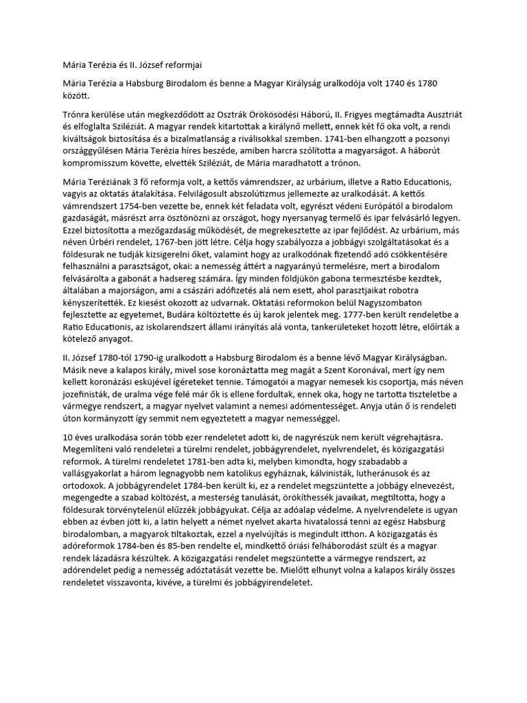 Mária Terézia És II József ESSZÉ | PDF