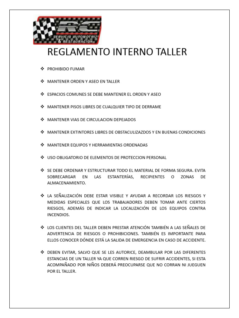 Reglamento Interno Taller Mecanico | PDF
