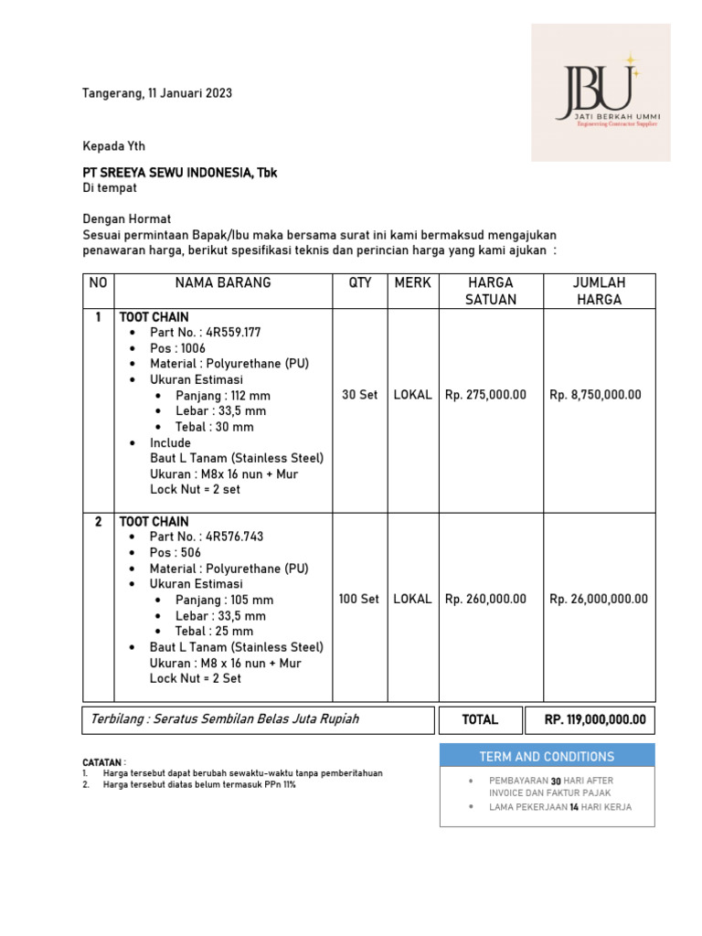 Penawaran Harga Toot Chain untuk PT Sreeya | PDF