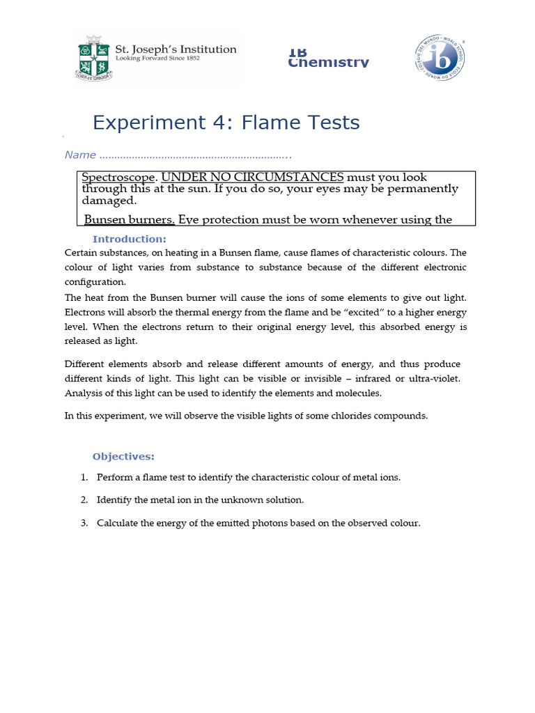 Experiment 4 - Flame Tests Revised | PDF | Light | Chemical Substances