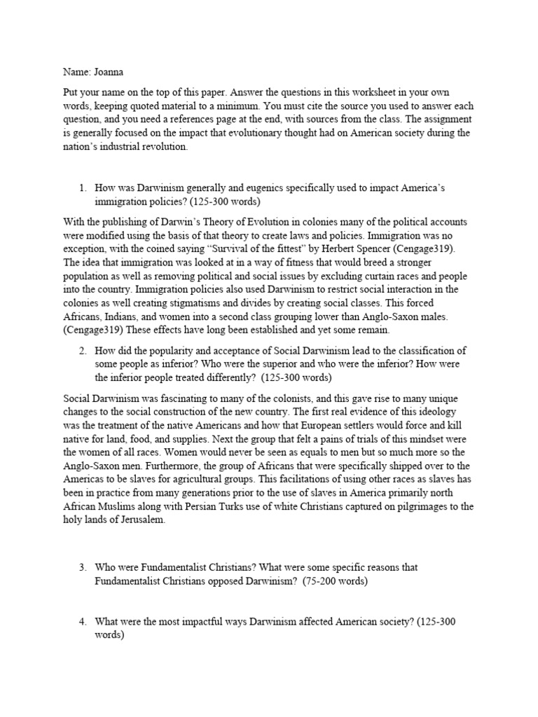 HIS-144-RS-Darwinism and American Society Worksheet | PDF | Darwinism ...