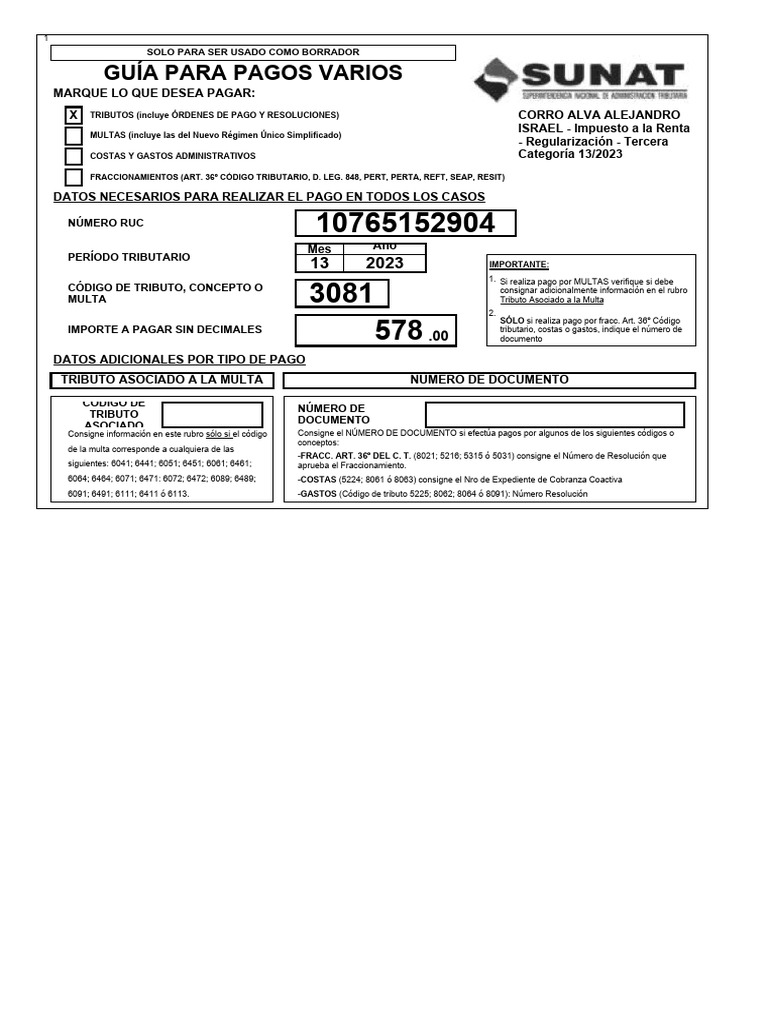 Pagos Varios - Sunat - 13 - 2023 - Corro Alva Alejandro Israel | PDF ...
