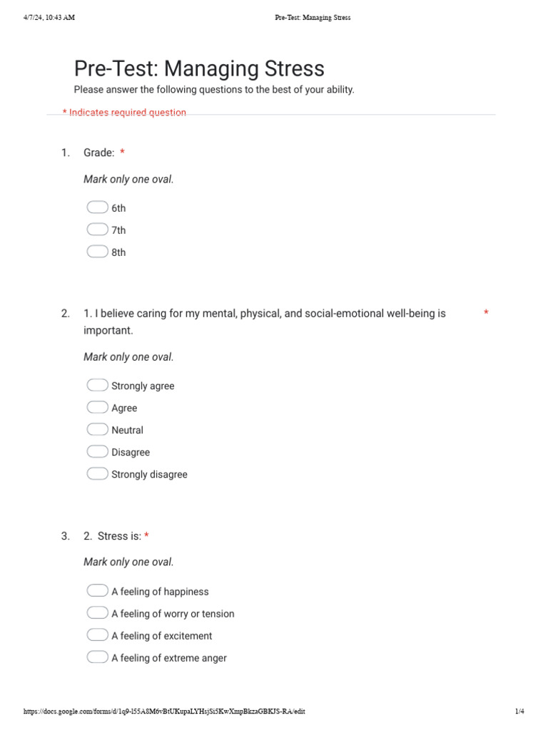 Pre-Test Managing Stress - Google Forms | PDF | Stress (Biology) | Feeling