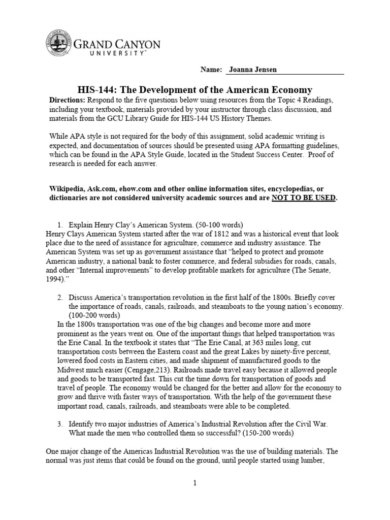 HIS-144-RS-Development of The American Economy Worksheet | PDF | Apa ...