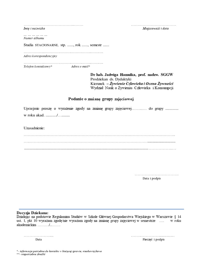 F.vi .15. Podanie o Zmiane Grupy Zajeciowej | PDF