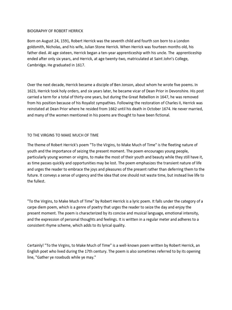 To The Virgins To Make Much of Time | PDF | Poetry
