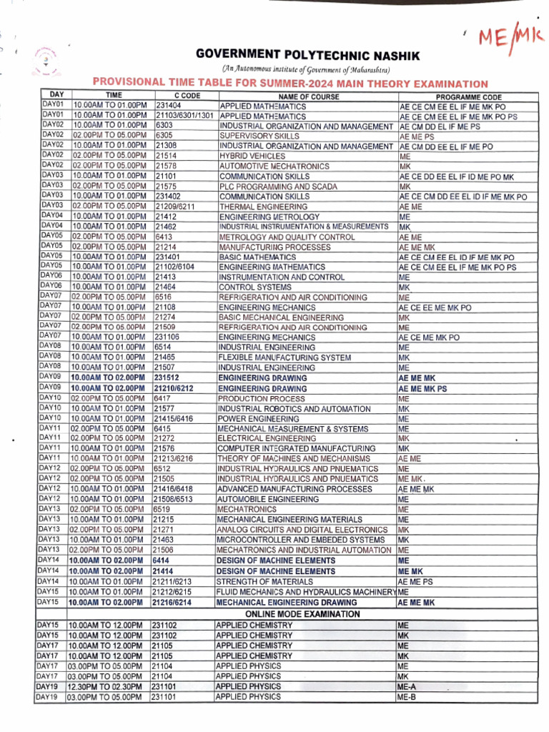 Summer 2024 Exam Timetable | PDF | Engineering | Mechatronics