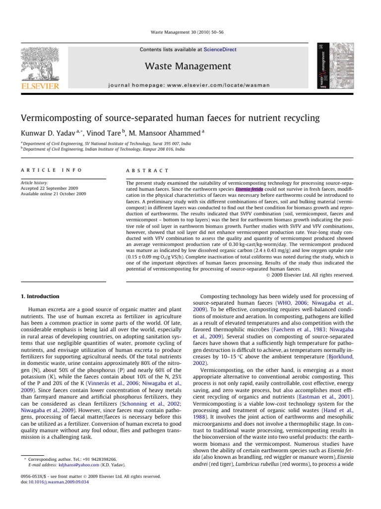 Vermicomposting of Source-Separated Human Faeces For Nutrient Recycling ...