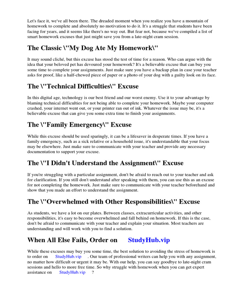 Smart Homework Excuses | Download Free PDF | Homework | Teachers