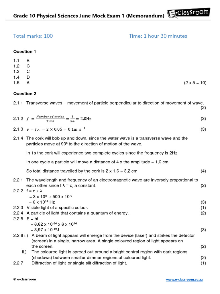gr10 Phyical Science June Mock Paper 1 Memo | PDF | Waves | Wavelength