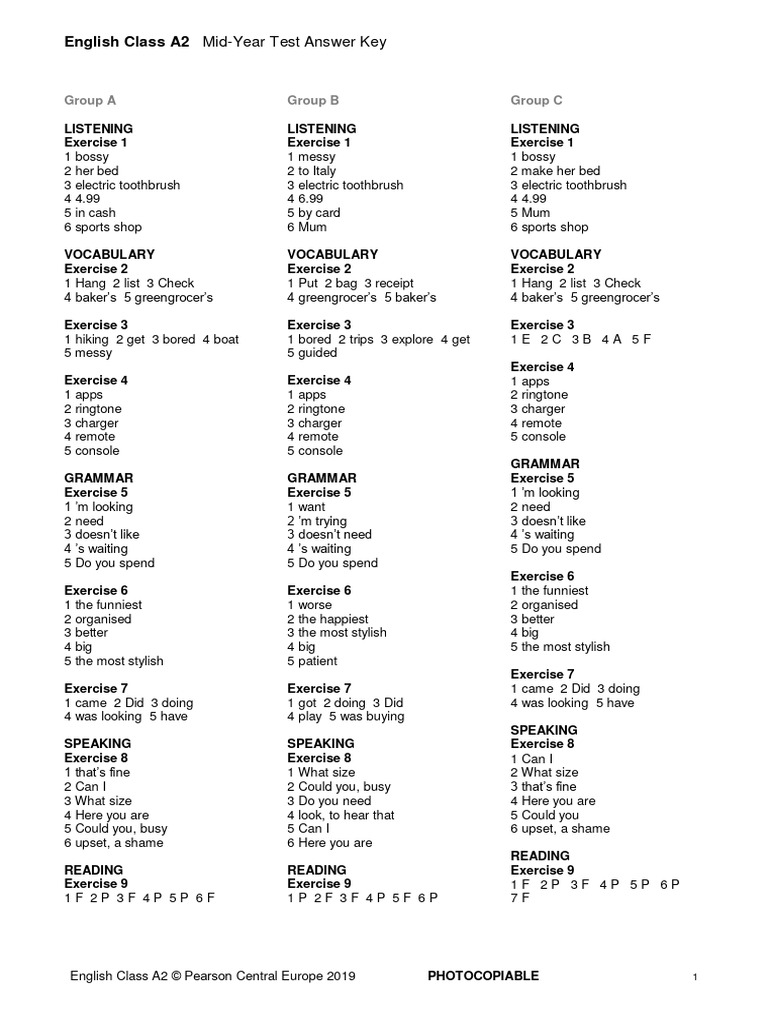 A2 Mid-Year Test Answer Key | PDF