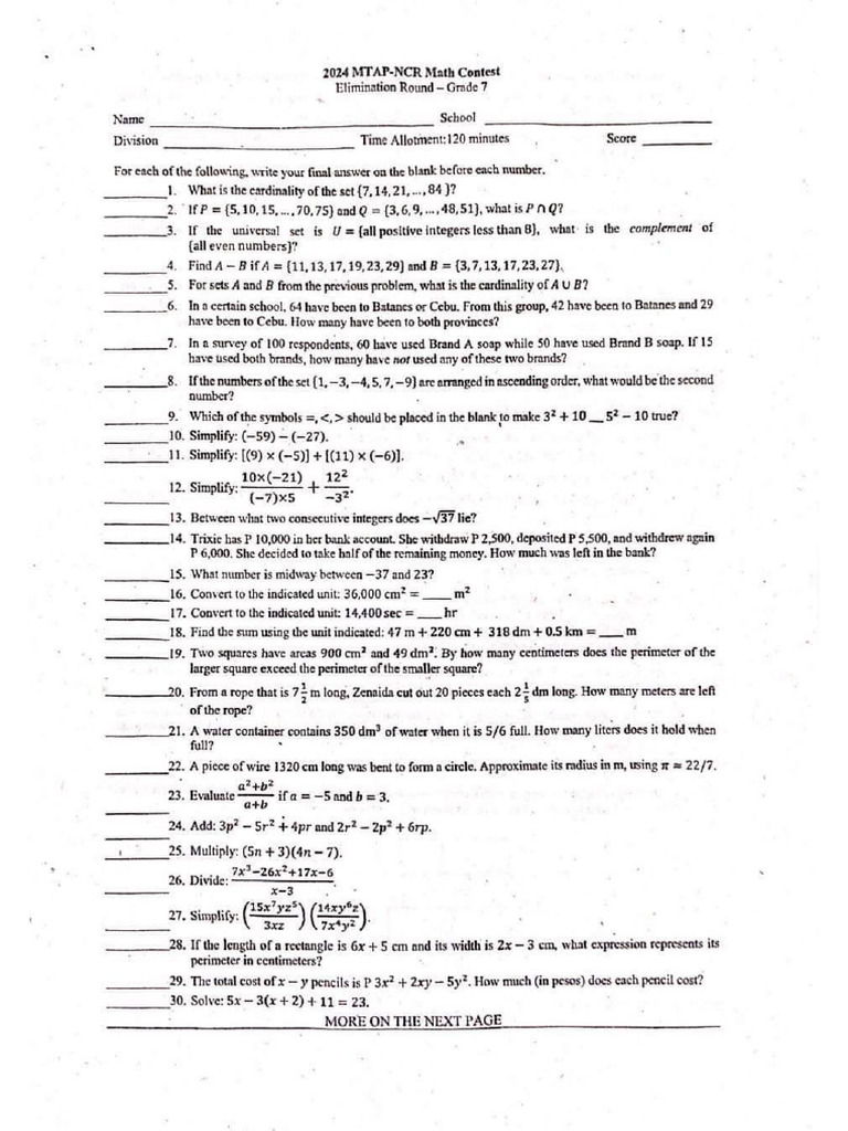 2024 MTAP Math Challenge Elimination Grade 7 | PDF