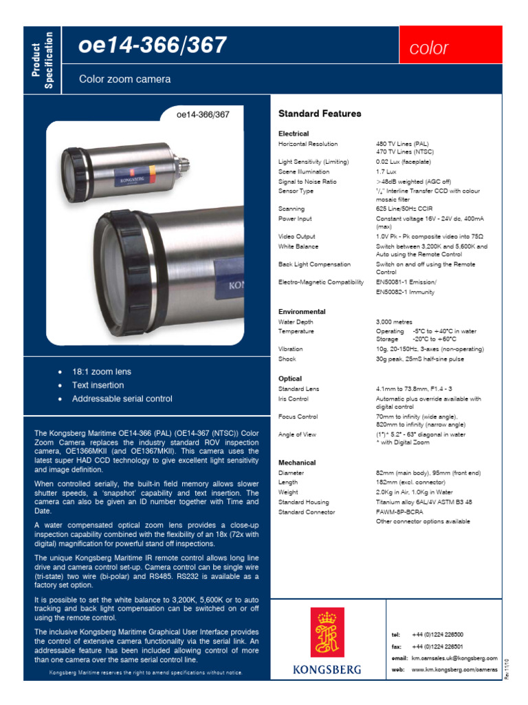 Kongsberg OE14 Color Zoom Camera Specs | PDF | Camera | Zoom Lens