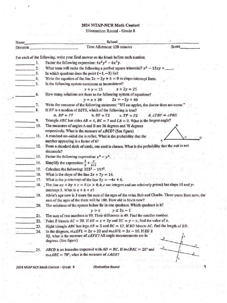 2024 MTAP Math Challenge Elimination Grade 8 | PDF