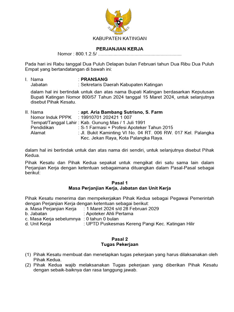 PERJANJIAN KERJA Aria Bambang New Fix | PDF PERJANJIAN KERJA Aria Bambang New Fix | PDF