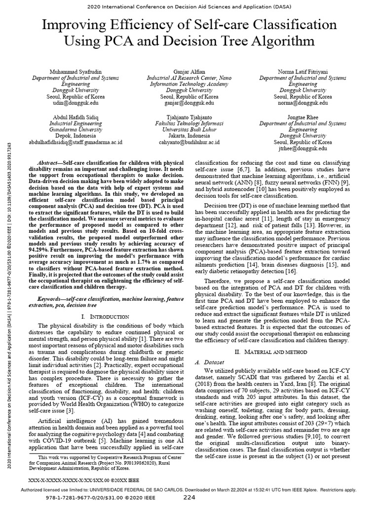 Improving Efficiency of Self-Care Classification Using PCA and Decision Tree Algorithm | PDF ...