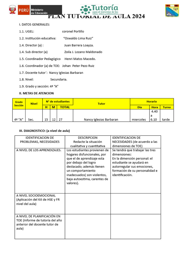 PLAN TUTORIAL DE AULA 2024 | PDF | Salón de clases | Salud mental