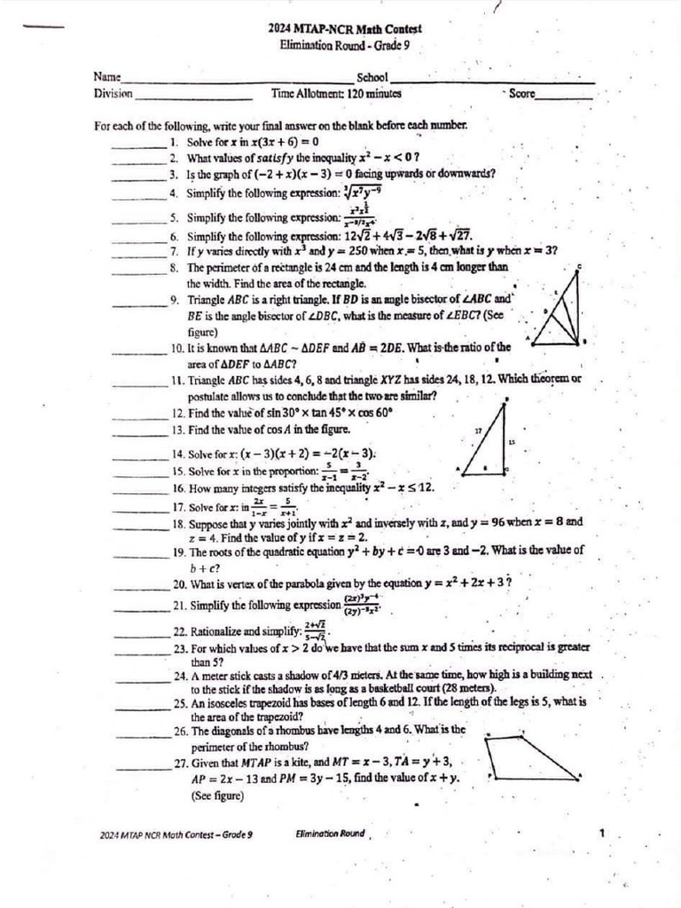 2024 MTAP Math Challenge Elimination Grade 9 | PDF