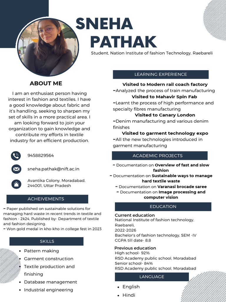 Sneha Pathak Resume | PDF | Textiles | Secondary Sector Of The Economy Sneha Pathak Resume | PDF | Textiles | Secondary Sector Of The Economy