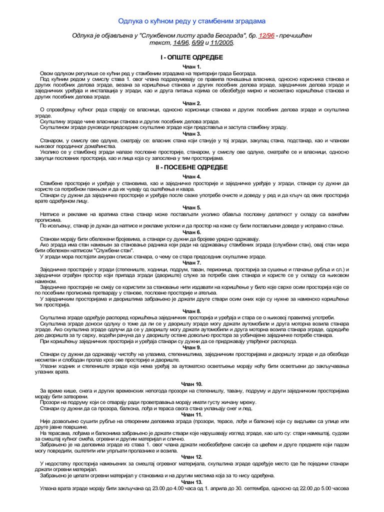 Odluka o Kucnom Redu U Stambenim Zgradama | PDF