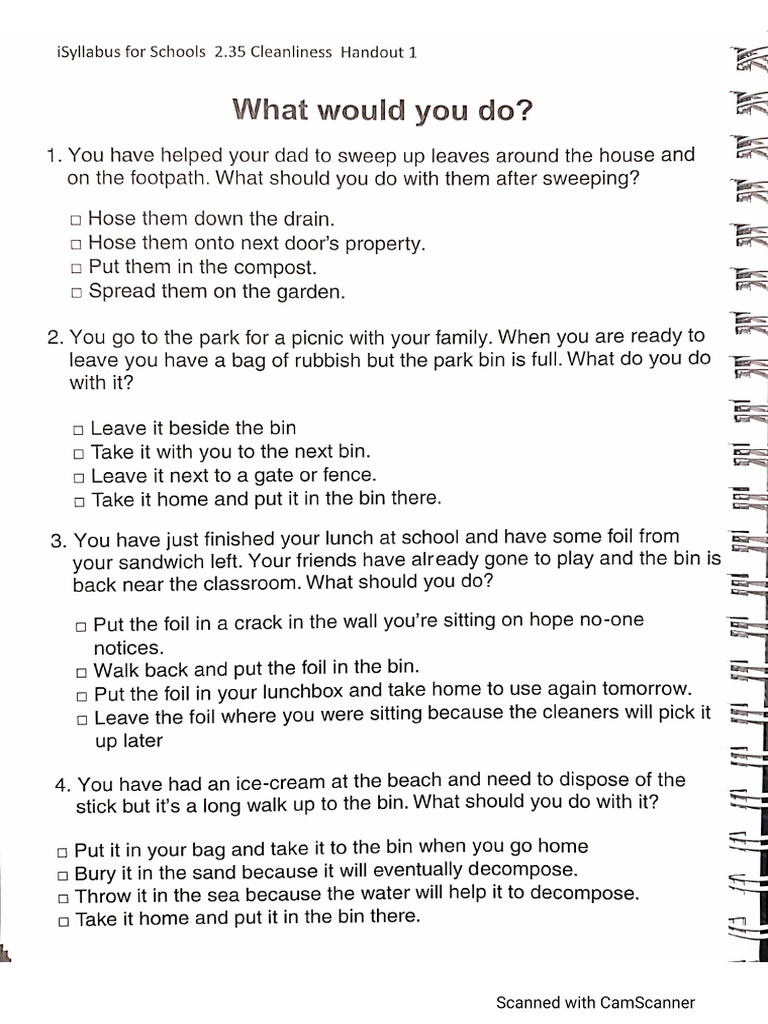 Year 8 lesson 35 Cleanliness (Worksheets) | PDF