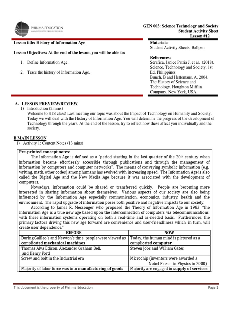 GEN 003 Lesson 12 STS SAS | PDF | Information | Society