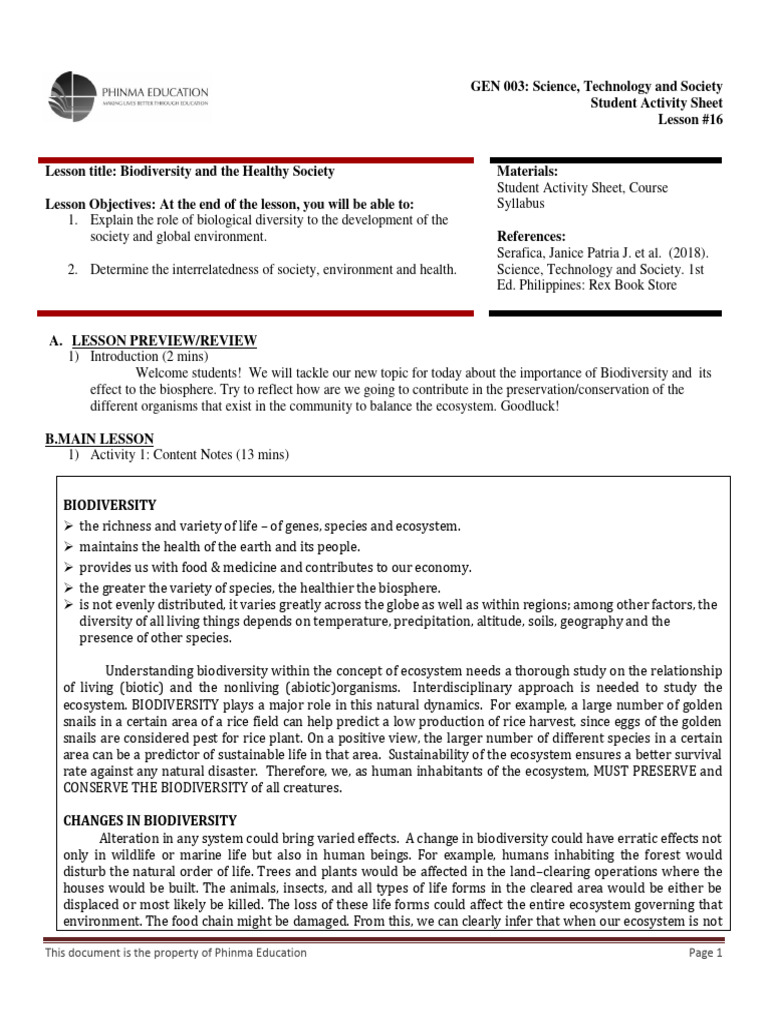 GEN 003 Lesson 16 STS SAS | PDF | Biodiversity | Habitat Destruction