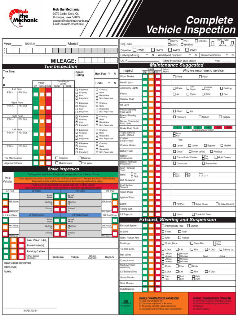 Vehicle Inspection Sheets | PDF | Steering | Automotive Industry