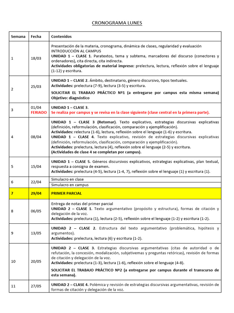 Cronogramas 1C 2024-Lunes | PDF