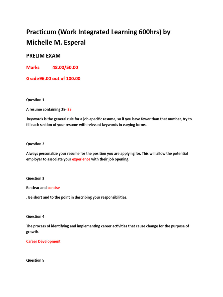 Practicum (Work Integrated Learning 600hrs) Prelim Exam | PDF | Résumé