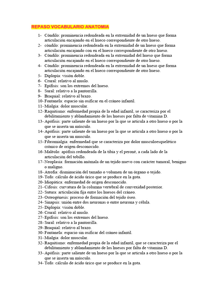 Repaso Vocabulario Anatomia Pdf Hueso Articulación