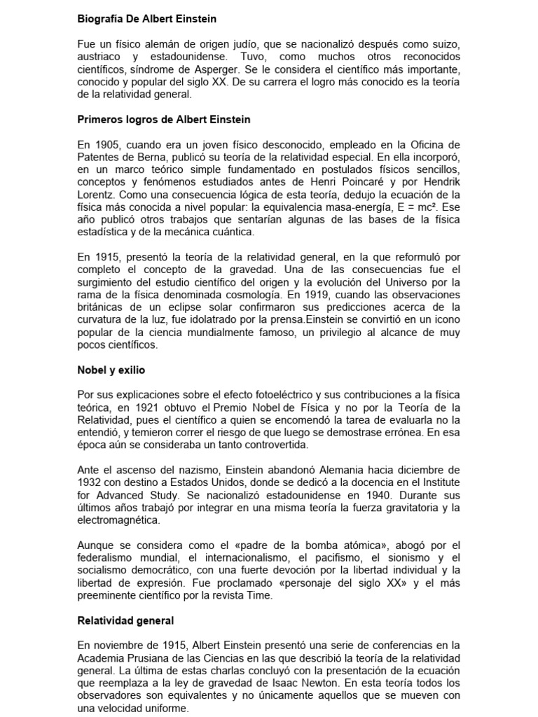 Biografía de Albert Einstein | PDF | Albert Einstein | Relatividad general