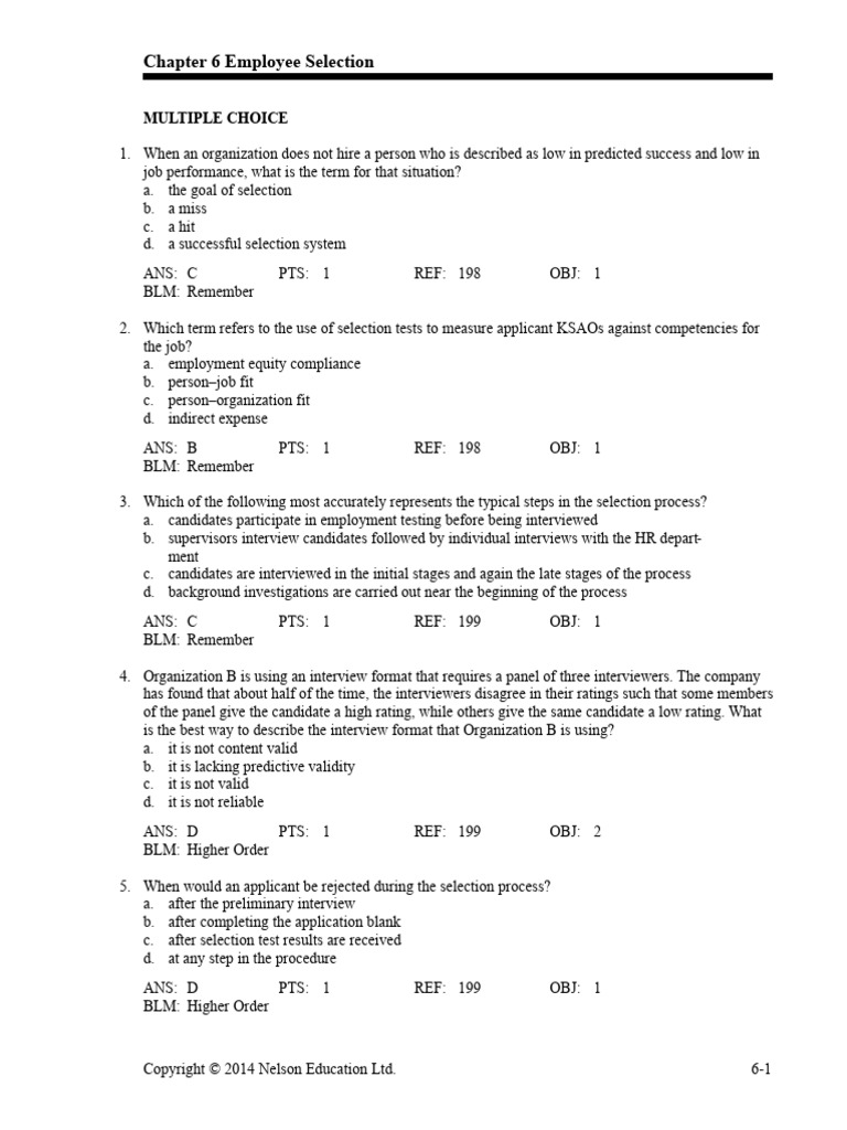 Chapter 6 Employee Selection: Multiple Choice | Download Free PDF | Validity (Statistics) | Job ...