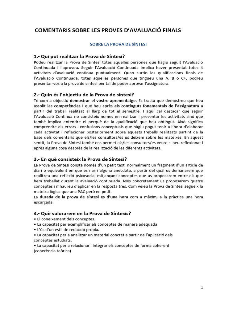 Comentaris Proves Finals | PDF