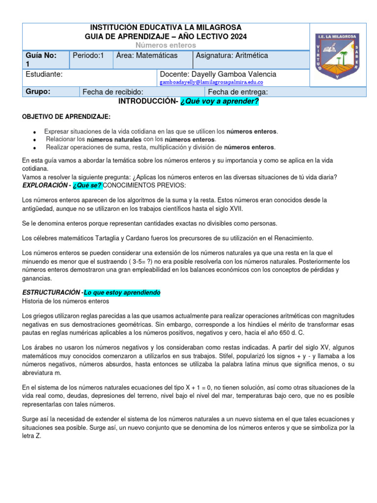 Guía de Aprendizaje 1 Periodo Séptimo 2024 | PDF | Entero | Números