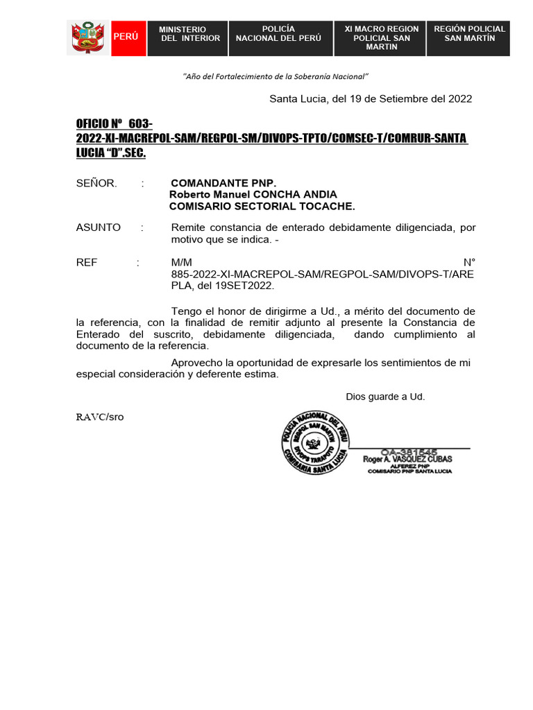 Oficio 603-2022, Remite Constancia de Enterado Comisario Del M.M #885 ...