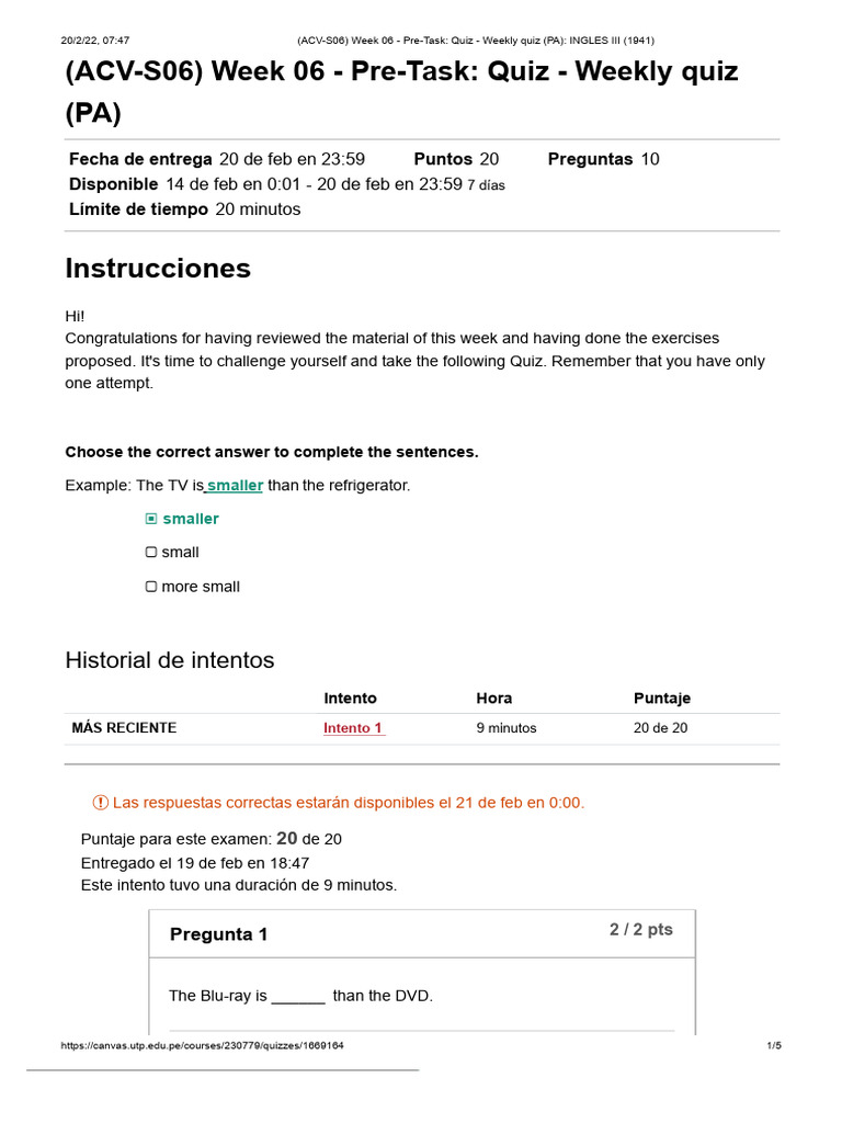 Acv s06 Week 06 Pre Task Quiz Weekly Quiz Pa Ingles III 1941 - Compress | PDF | Equipment | Video