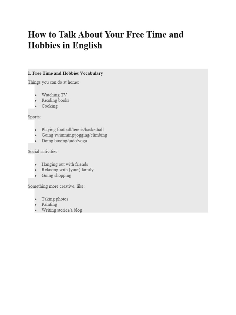 Discussing Hobbies and Free Time Activities | PDF | Home & Garden ...