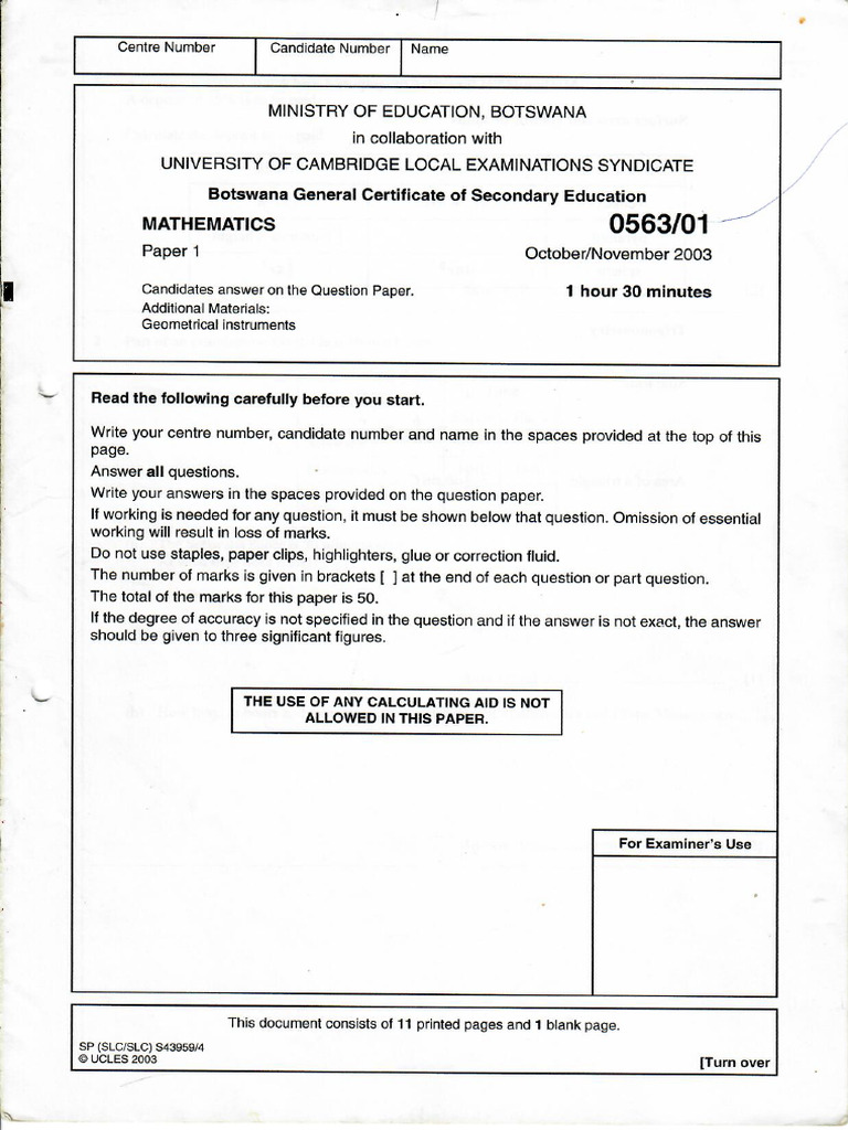 2003 PAPER 1 Mathematics | PDF