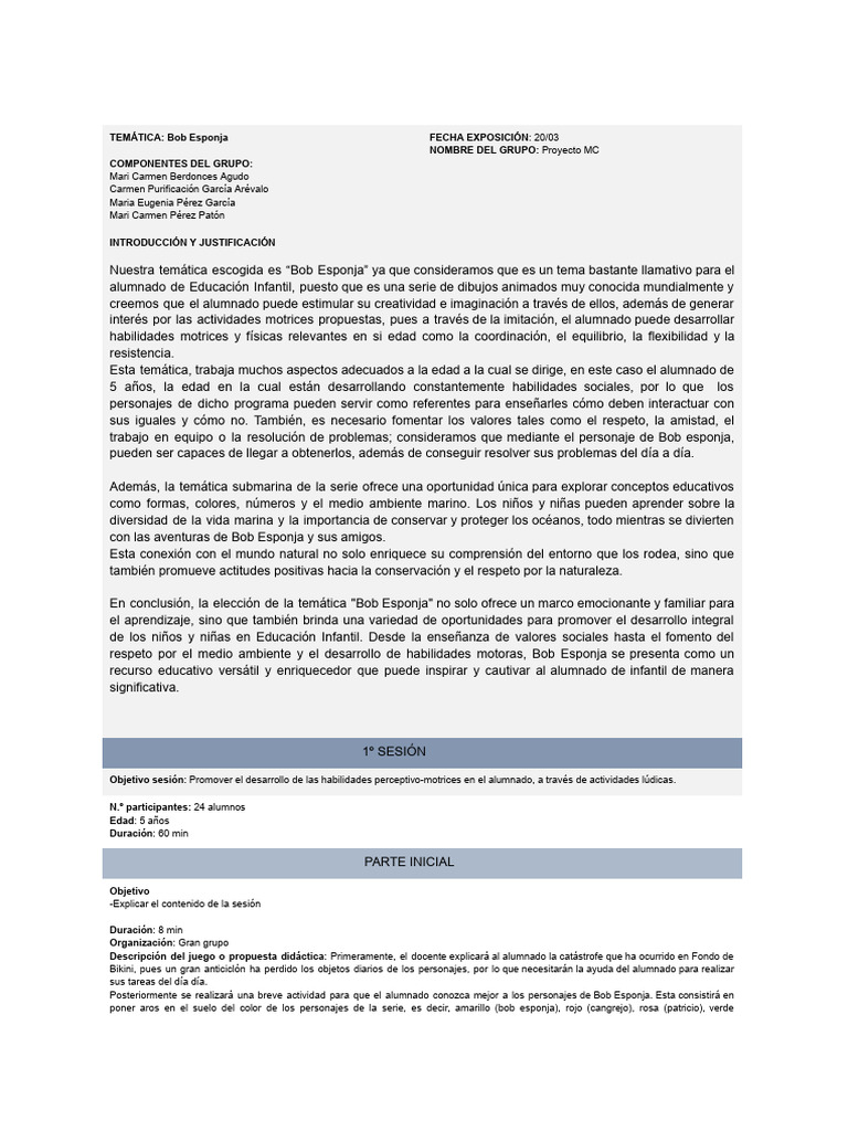 Ficha de La Sesión Bob Esponja-1 | PDF | Educación de la primera infancia | Maestros