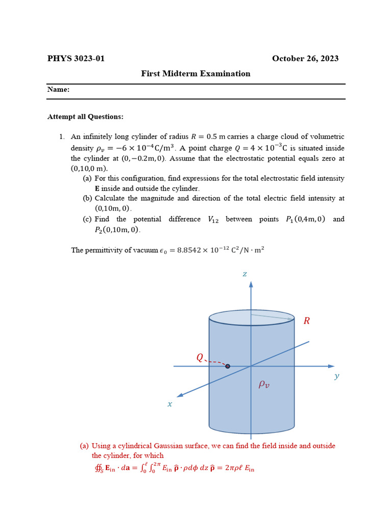Phys 302301 MT1 - F23 With Solutions | PDF | Electrostatics | Electric Field