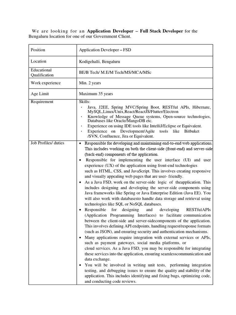 Java Full Stack Developer Job Opening | PDF | Java (Programming ...