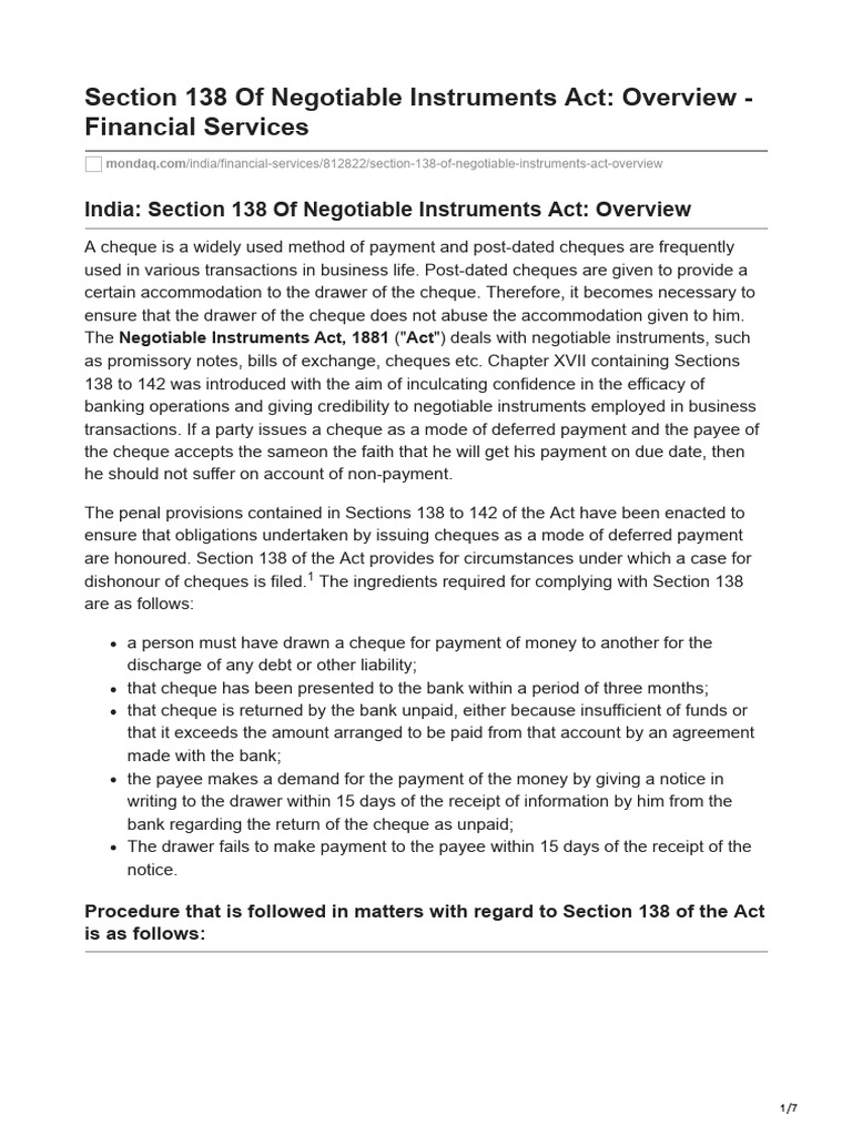 Section 138 of Negotiable Instruments Act Overview - Financial Services ... Section 138 of Negotiable Instruments Act Overview - Financial Services ...