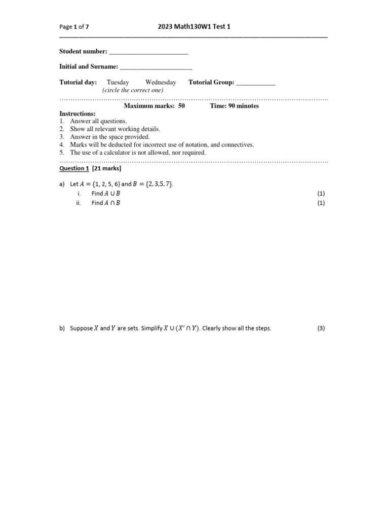 Math130W1 2023 Class Test 1 | PDF | Arithmetic | Elementary Mathematics