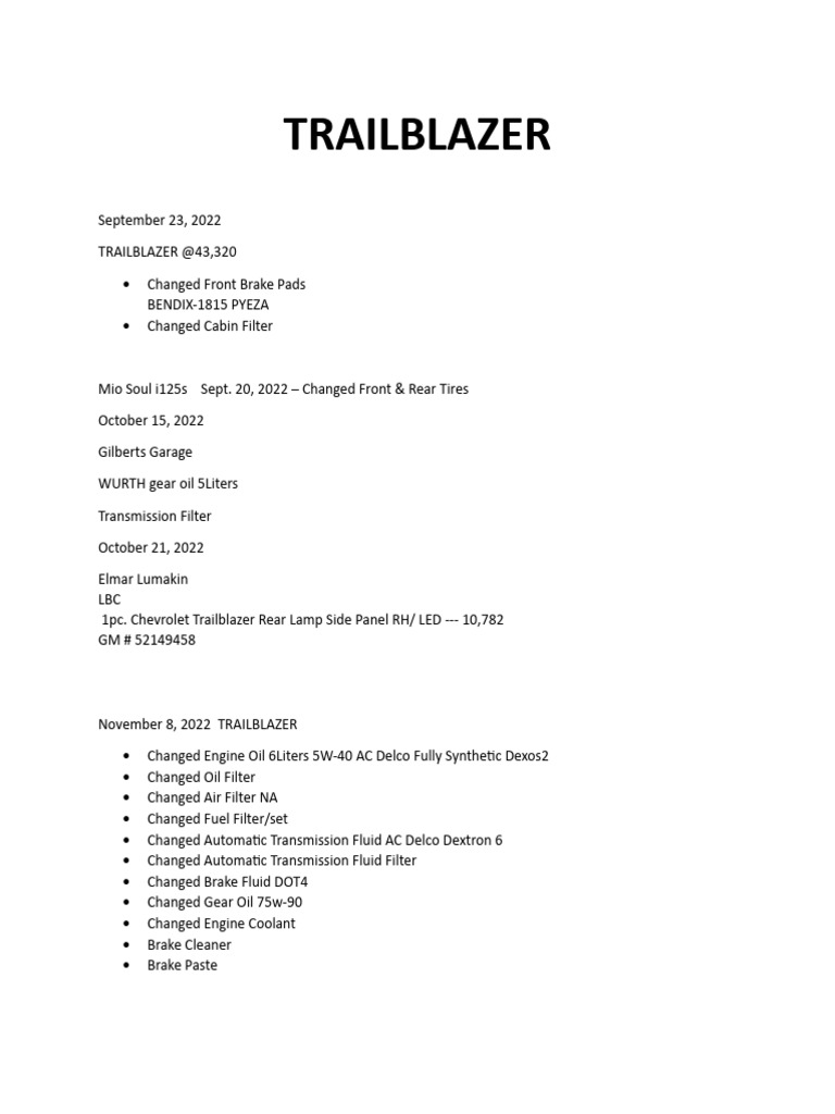 Chevrolet Trailblazer Maintenance Log | PDF | Business | Home & Garden
